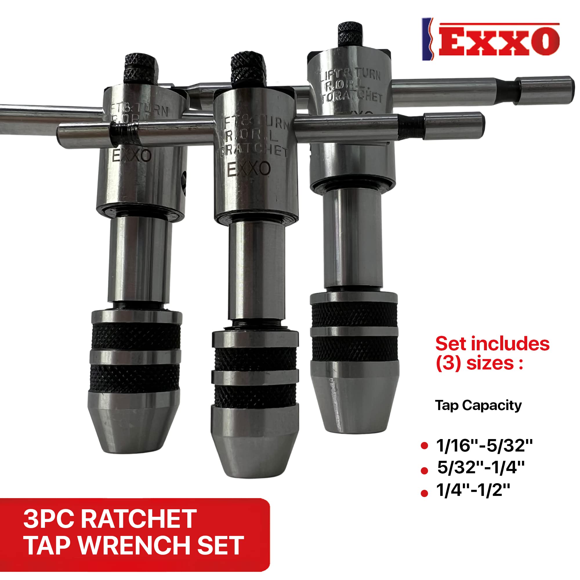 EXXO Tools 3PC Wrench Set - Adjustable Ratchet Tap Wrench Kit 5/32", 1/4", 1/2" Tap Capacity Steel Tapping Tool Adjustable Wrench Set Machinist Tools Tap Set Metalworking Tools Hand Taps Reamer Tools