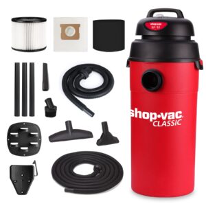 shop-vac 5 gallon 5.5 peak hp wet/dry vacuum, wall mountable compact shop vacuum with 18' extra long hose & attachments, ideal for jobsite, garage, car & workshop. 9522236