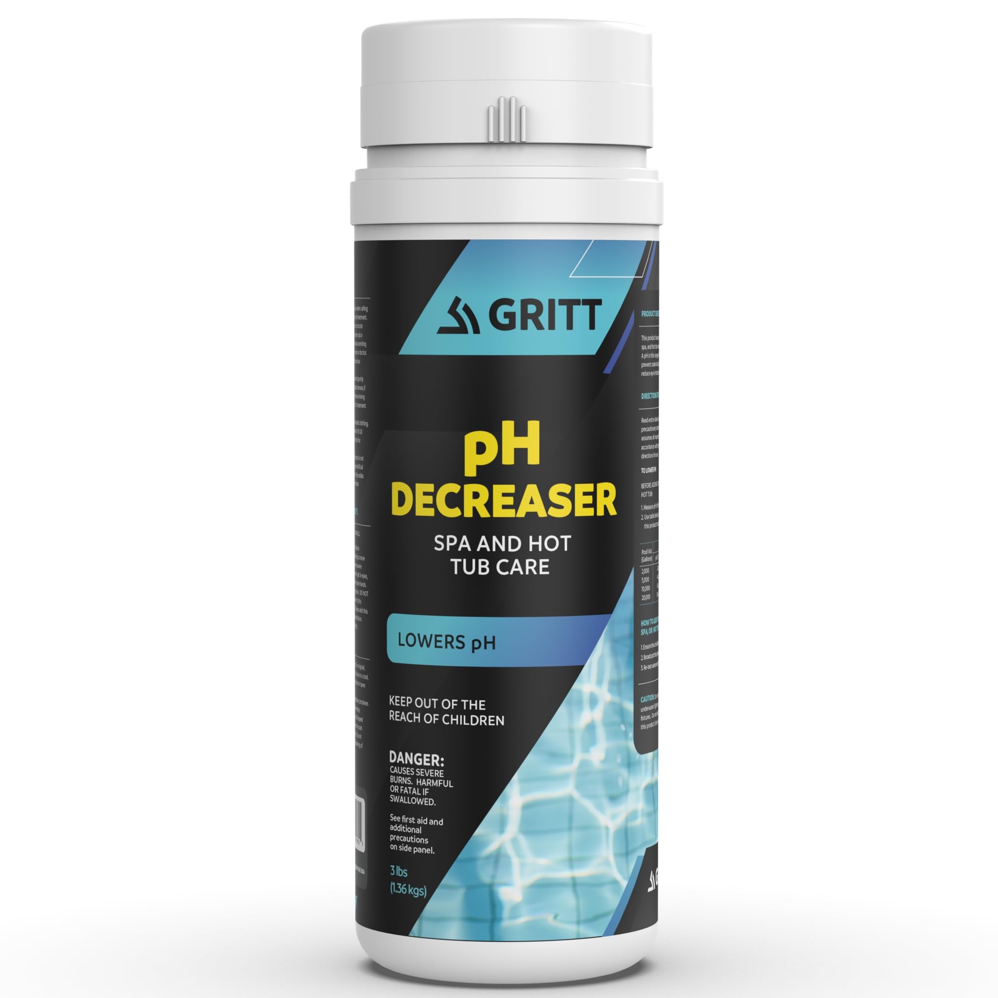 Gritt Commercial pH Decreaser | pH Down | Pool, Hot Tub and Spa pH Reducer | Sodium Bisulfate |High Alkalinity | Prevents Scale Build Up | Pool, Hot Tub and Spa Chemicals | Indoor and Outdoor | 3 lb