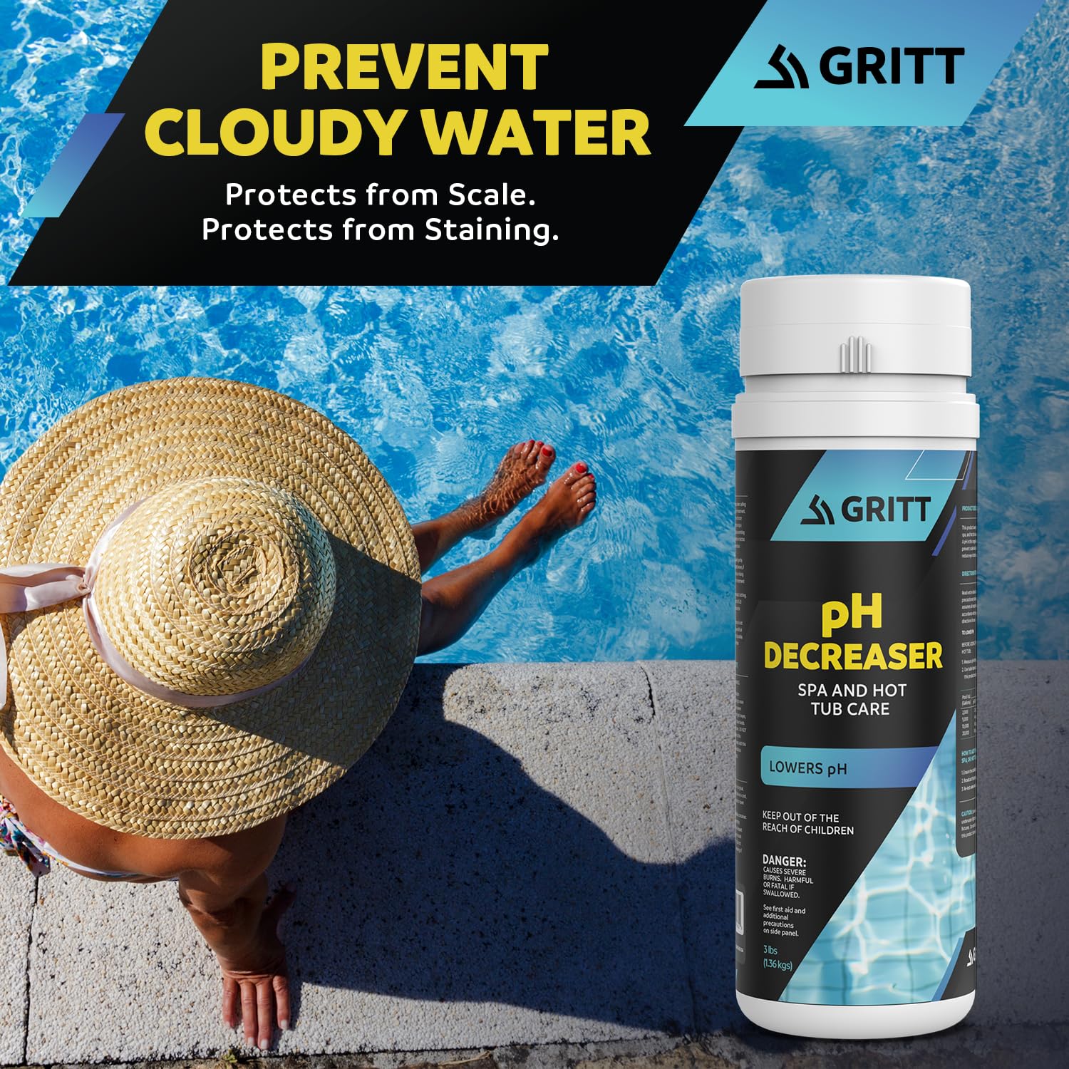 Gritt Commercial pH Decreaser | pH Down | Pool, Hot Tub and Spa pH Reducer | Sodium Bisulfate |High Alkalinity | Prevents Scale Build Up | Pool, Hot Tub and Spa Chemicals | Indoor and Outdoor | 3 lb