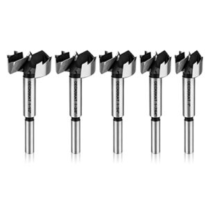 forstner bit set, 5-piece forstner bits wood drilling smooth flat-bottomed pocket holes in hard soft wood, 3/8" shank fit drills and drill presses, size 1”, 1-7/64”, 1-1/4”, 1-3/8”, 1-1/2"