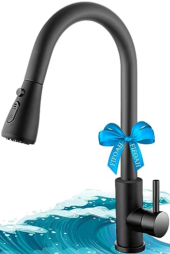 FIFOAH Kitchen Sink Faucets with Pull Down Sprayer, Stainless Steel Matte Black Kitchen Faucet, Single Handle Faucet with Pullout Sprayer, Modern Kitchen Faucets for RV Bar Farmhouse Sink