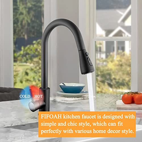 FIFOAH Kitchen Sink Faucets with Pull Down Sprayer, Stainless Steel Matte Black Kitchen Faucet, Single Handle Faucet with Pullout Sprayer, Modern Kitchen Faucets for RV Bar Farmhouse Sink