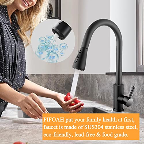 FIFOAH Kitchen Sink Faucets with Pull Down Sprayer, Stainless Steel Matte Black Kitchen Faucet, Single Handle Faucet with Pullout Sprayer, Modern Kitchen Faucets for RV Bar Farmhouse Sink