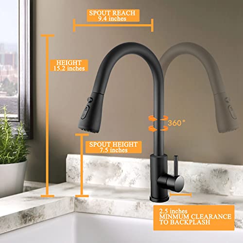 FIFOAH Kitchen Sink Faucets with Pull Down Sprayer, Stainless Steel Matte Black Kitchen Faucet, Single Handle Faucet with Pullout Sprayer, Modern Kitchen Faucets for RV Bar Farmhouse Sink