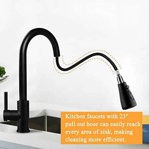 FIFOAH Kitchen Sink Faucets with Pull Down Sprayer, Stainless Steel Matte Black Kitchen Faucet, Single Handle Faucet with Pullout Sprayer, Modern Kitchen Faucets for RV Bar Farmhouse Sink