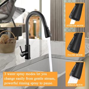 FIFOAH Kitchen Sink Faucets with Pull Down Sprayer, Stainless Steel Matte Black Kitchen Faucet, Single Handle Faucet with Pullout Sprayer, Modern Kitchen Faucets for RV Bar Farmhouse Sink