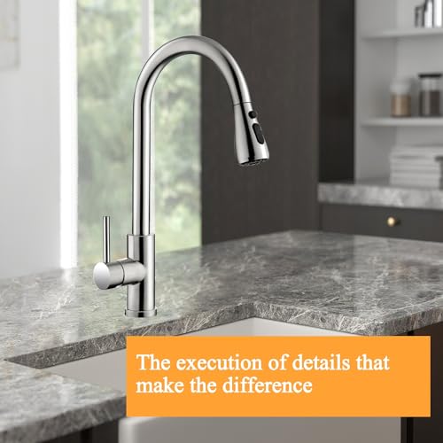 FIFOAH Kitchen Sink Faucets with Pull Down Sprayer, Stainless Steel Brushed Nickel Kitchen Faucets, Single Handle Faucet with Pullout Sprayer, Modern Kitchen Faucet for RV Bar Farmhouse Sink