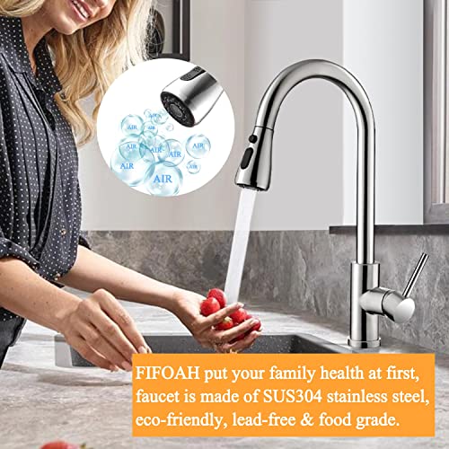 FIFOAH Kitchen Sink Faucets with Pull Down Sprayer, Stainless Steel Brushed Nickel Kitchen Faucets, Single Handle Faucet with Pullout Sprayer, Modern Kitchen Faucet for RV Bar Farmhouse Sink