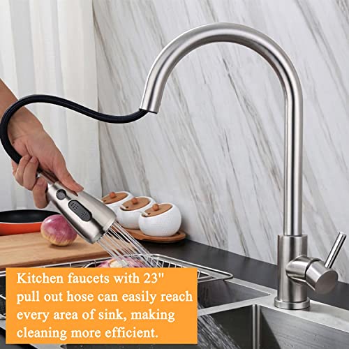 FIFOAH Kitchen Sink Faucets with Pull Down Sprayer, Stainless Steel Brushed Nickel Kitchen Faucets, Single Handle Faucet with Pullout Sprayer, Modern Kitchen Faucet for RV Bar Farmhouse Sink