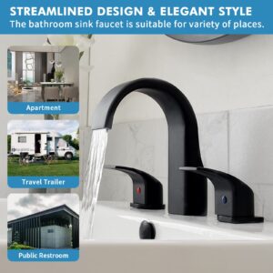 RUMOSE Matte Black Bathroom Faucet Widespread Bathroom Sink Faucet Two Handle 8 inch Bathroom Faucets for Sink 3 Hole, Brass Waterfall Mixer Taps