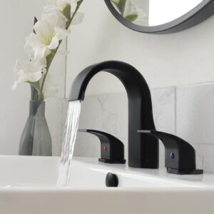 RUMOSE Matte Black Bathroom Faucet Widespread Bathroom Sink Faucet Two Handle 8 inch Bathroom Faucets for Sink 3 Hole, Brass Waterfall Mixer Taps