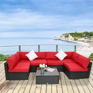 kinfant outdoor patio furniture sofa - 7 pcs pe black wicker sectional sofa sets with glass table and cushions for backyard, pool (red)