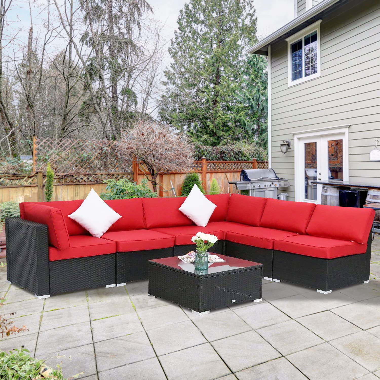 Kinfant Outdoor Patio Furniture Sofa - 7 PCs PE Black Wicker Sectional Sofa Sets with Glass Table and Cushions for Backyard, Pool (Red)