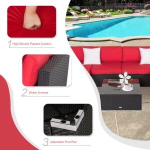 Kinfant Outdoor Patio Furniture Sofa - 7 PCs PE Black Wicker Sectional Sofa Sets with Glass Table and Cushions for Backyard, Pool (Red)