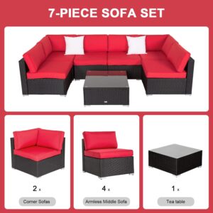 Kinfant Outdoor Patio Furniture Sofa - 7 PCs PE Black Wicker Sectional Sofa Sets with Glass Table and Cushions for Backyard, Pool (Red)