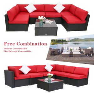 Kinfant Outdoor Patio Furniture Sofa - 7 PCs PE Black Wicker Sectional Sofa Sets with Glass Table and Cushions for Backyard, Pool (Red)