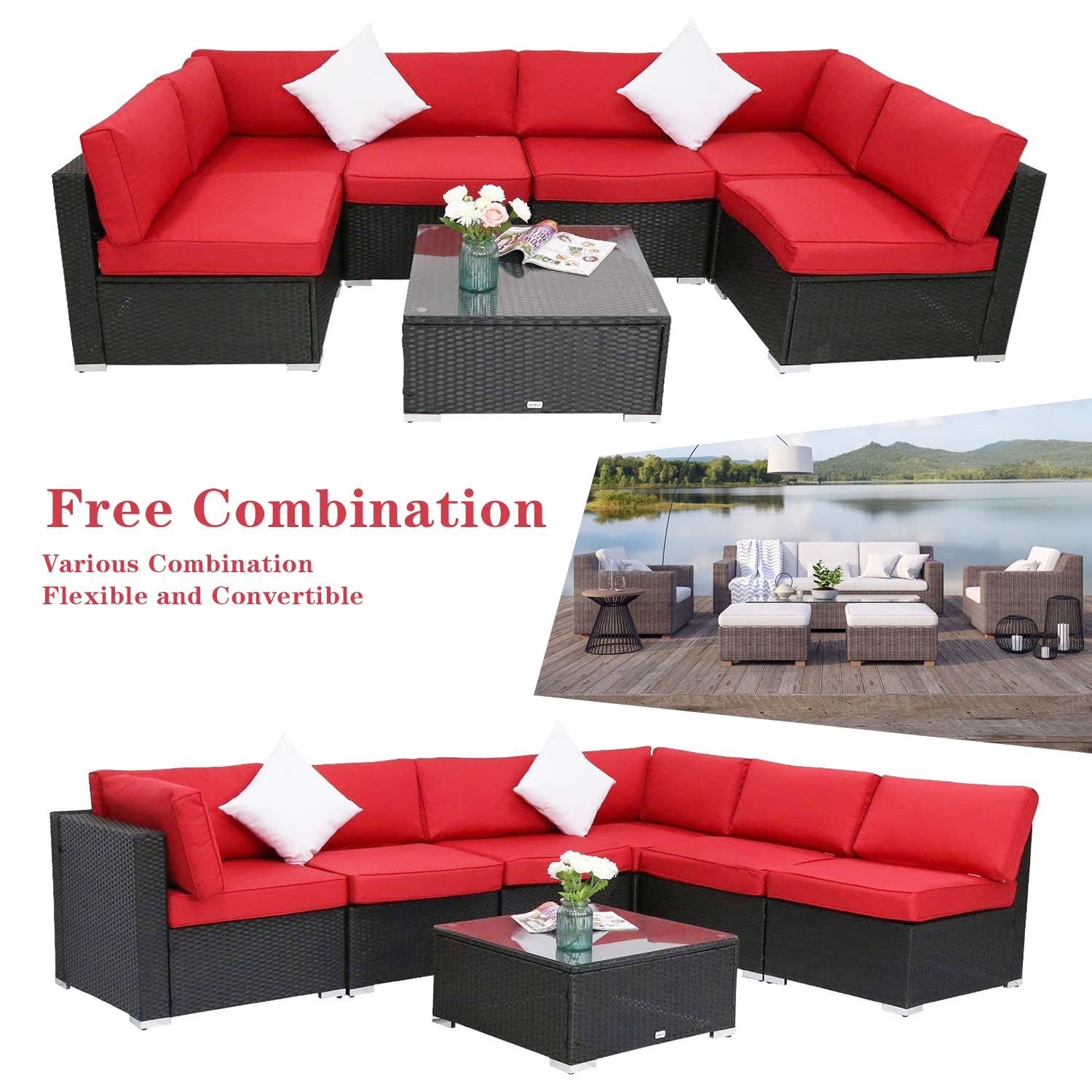 Kinfant Outdoor Patio Furniture Sofa - 7 PCs PE Black Wicker Sectional Sofa Sets with Glass Table and Cushions for Backyard, Pool (Red)