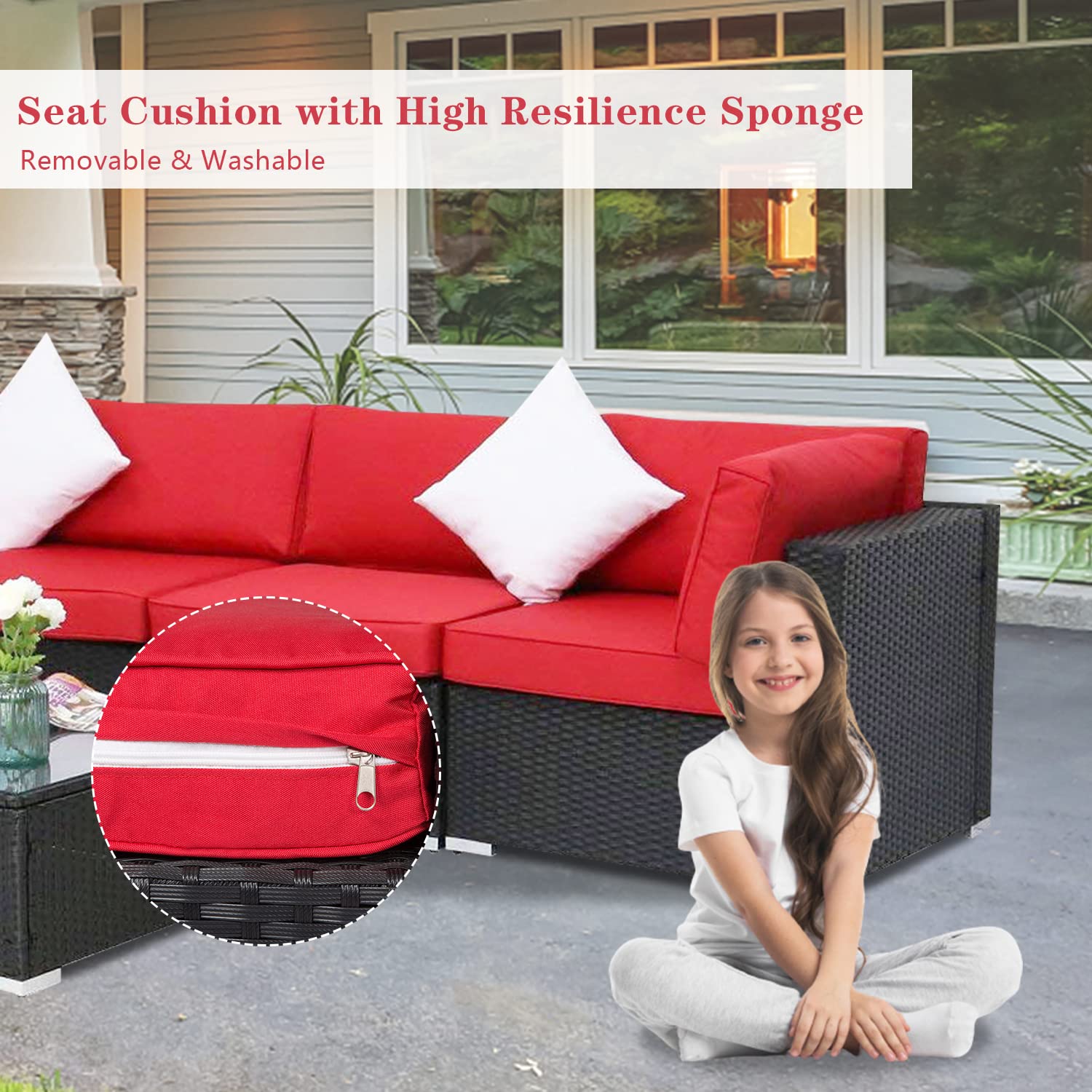 Kinfant Outdoor Patio Furniture Sofa - 7 PCs PE Black Wicker Sectional Sofa Sets with Glass Table and Cushions for Backyard, Pool (Red)