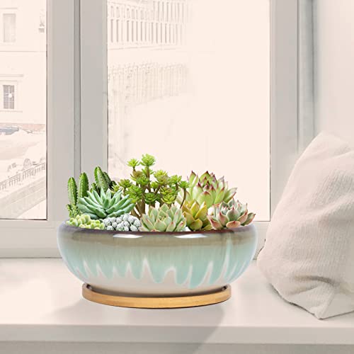 SQOWL 7 Inch Ceramic Succulent Planter Pot with Drainage Hole Drip Glazed Binsai Pot with Bamboo Tray for Indoor Plants