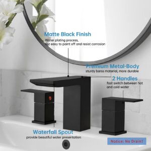 RUMOSE Widespread 8 Inch Two Handle Sink 3 Hole Faucet Matte Black Stainless Steel Mixer Waterfall Bathroom / Lavatory Faucets