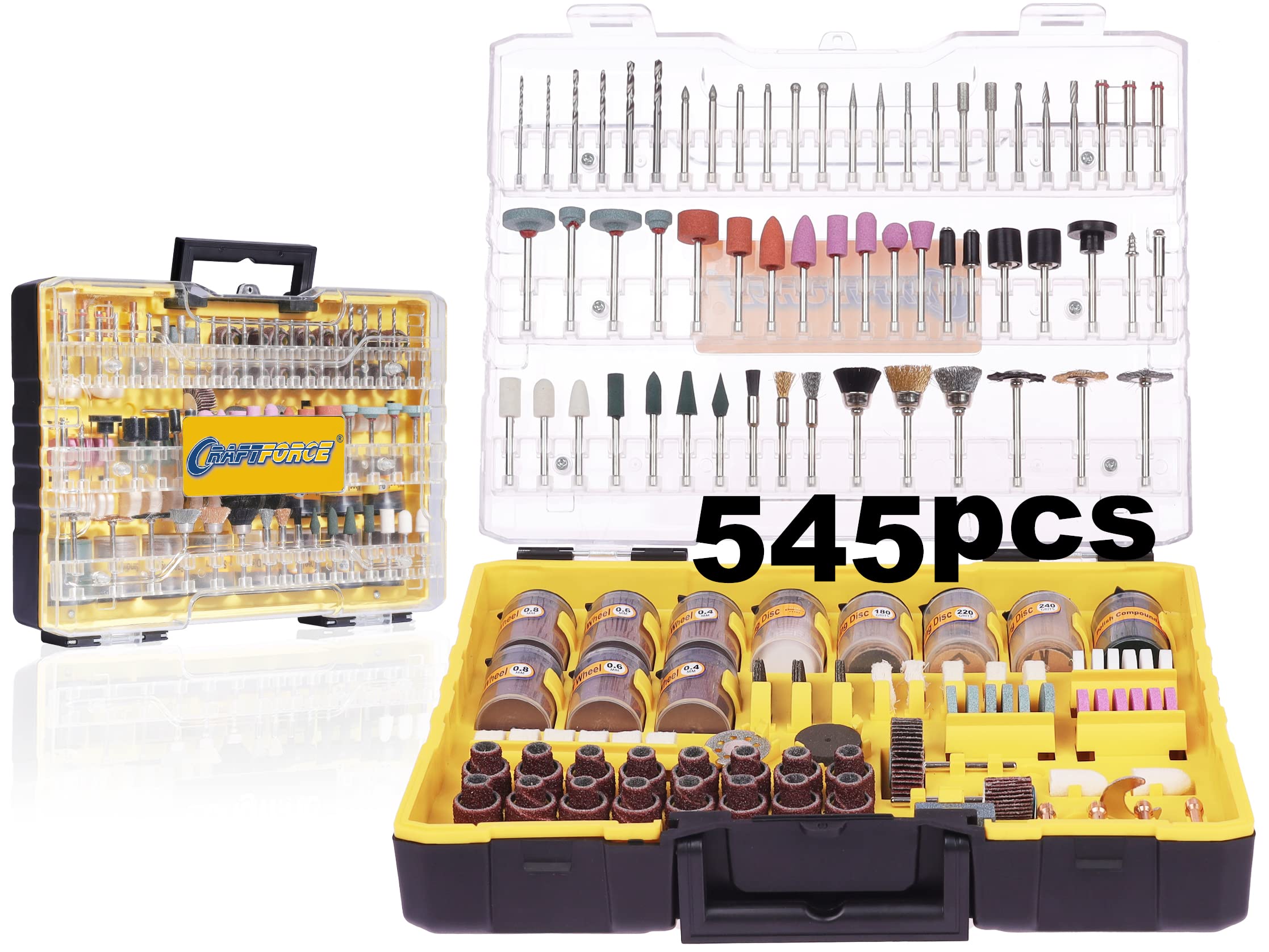 Rotary Tool Accessories Kit, Craftforce 545pcs Rotary Bit Compatible with 1/8" Shank Dremel Tool & Flex Shaft Grinder for Cutting Grinding Sanding Carving Polishing Engraving for Wood, Glass, Metal