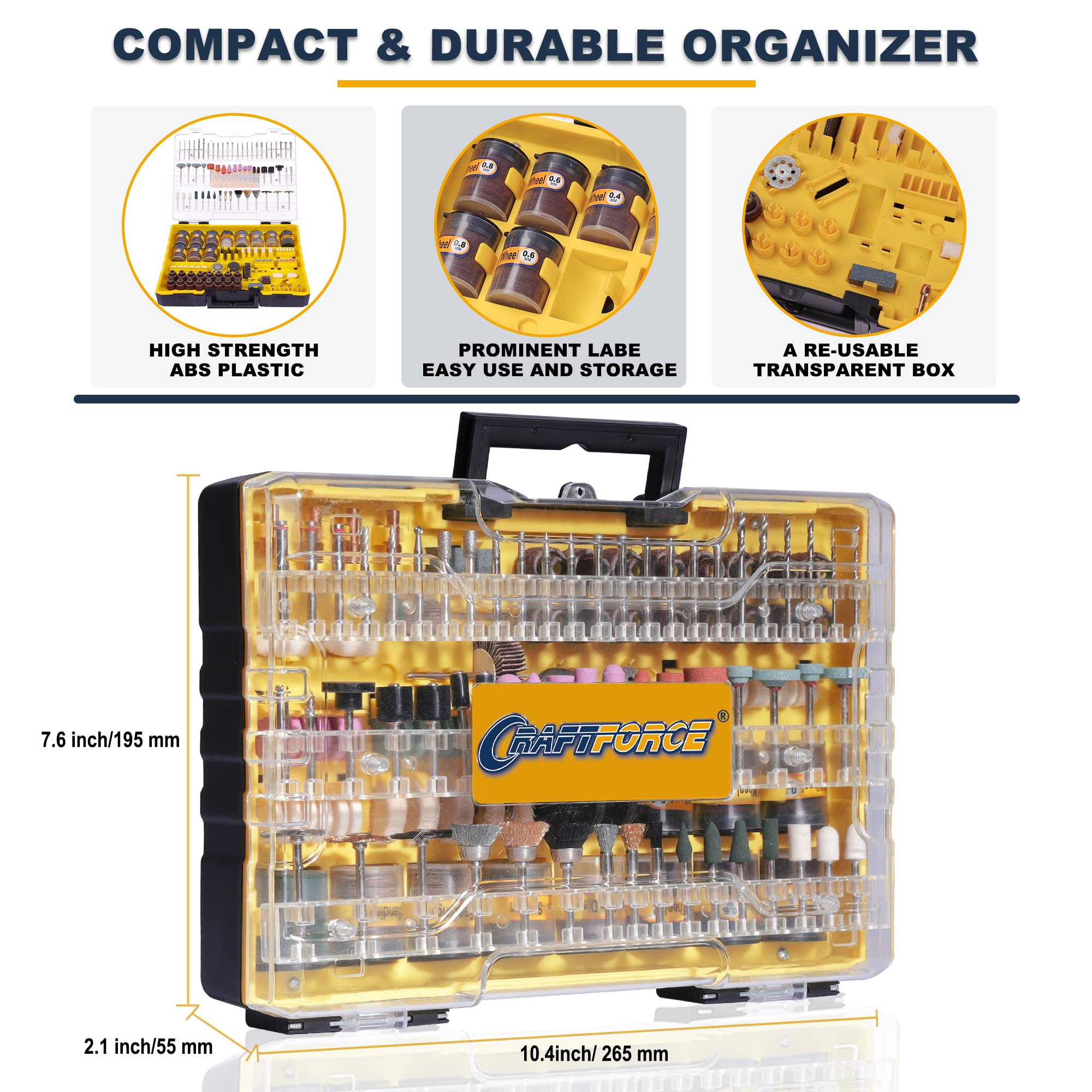 Rotary Tool Accessories Kit, Craftforce 545pcs Rotary Bit Compatible with 1/8" Shank Dremel Tool & Flex Shaft Grinder for Cutting Grinding Sanding Carving Polishing Engraving for Wood, Glass, Metal