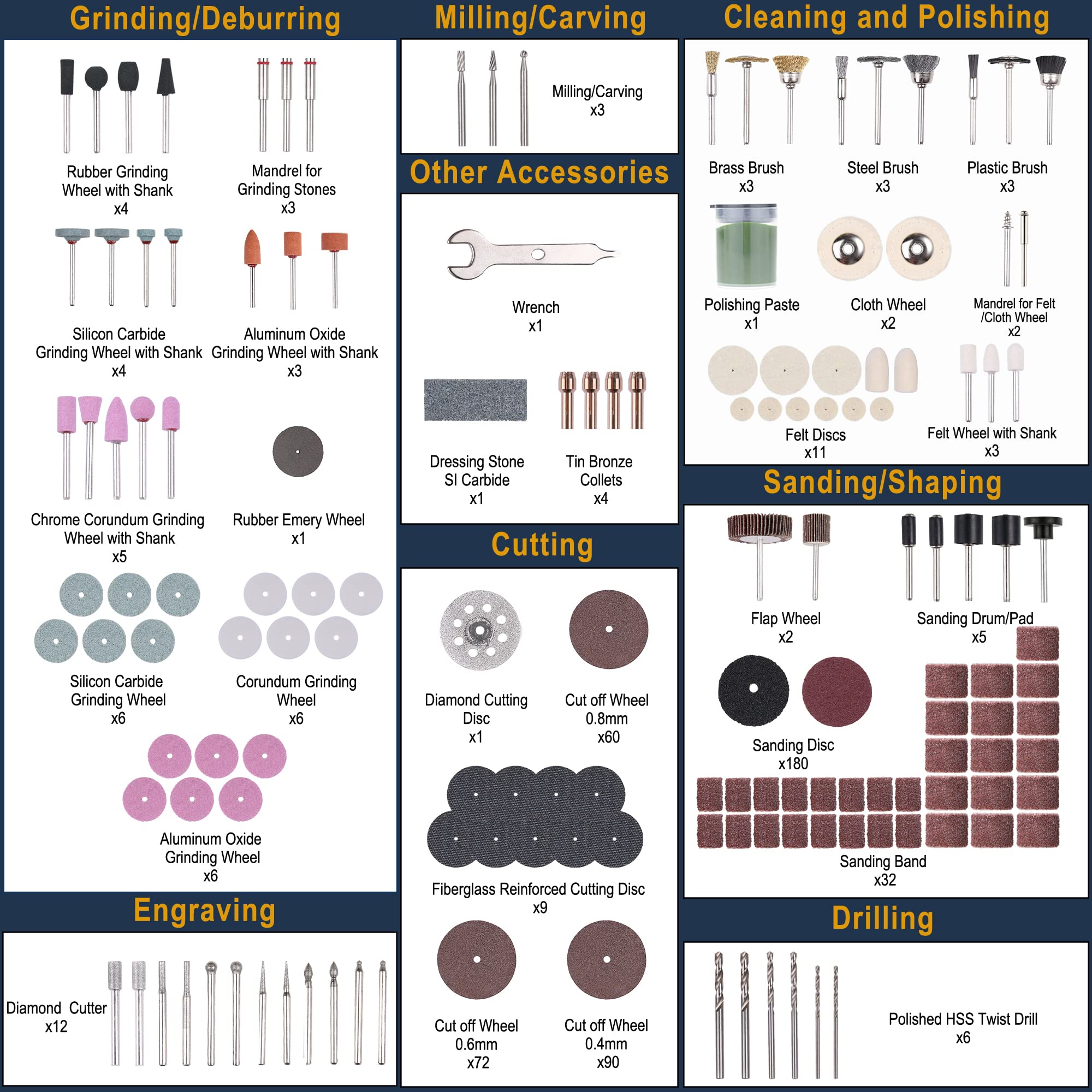 Rotary Tool Accessories Kit, Craftforce 545pcs Rotary Bit Compatible with 1/8" Shank Dremel Tool & Flex Shaft Grinder for Cutting Grinding Sanding Carving Polishing Engraving for Wood, Glass, Metal