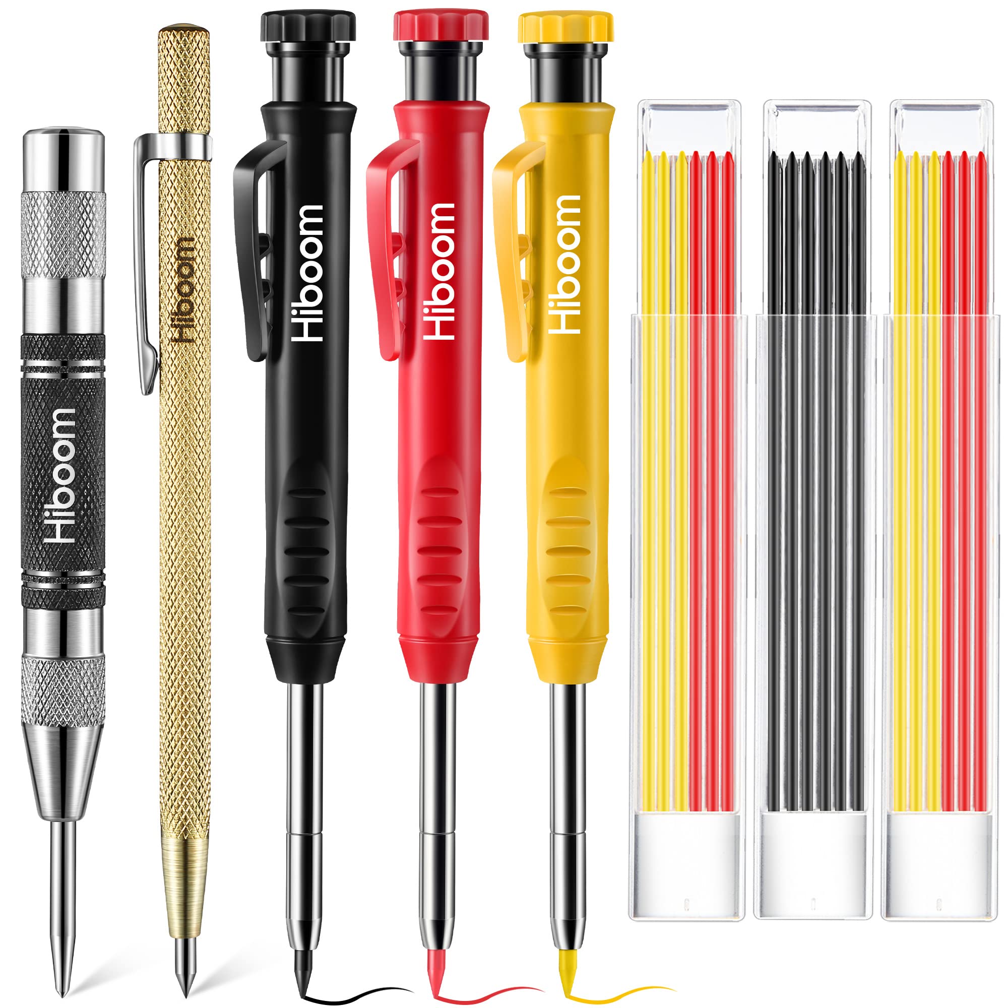 Hiboom 8 Pack Carpenter Pencil Set, 3 Colorful Solid Carpenter Pencils with Sharpener and Refills, Automatic Center Punch, Carbide Scribe Tool Kit for Construction Woodworking