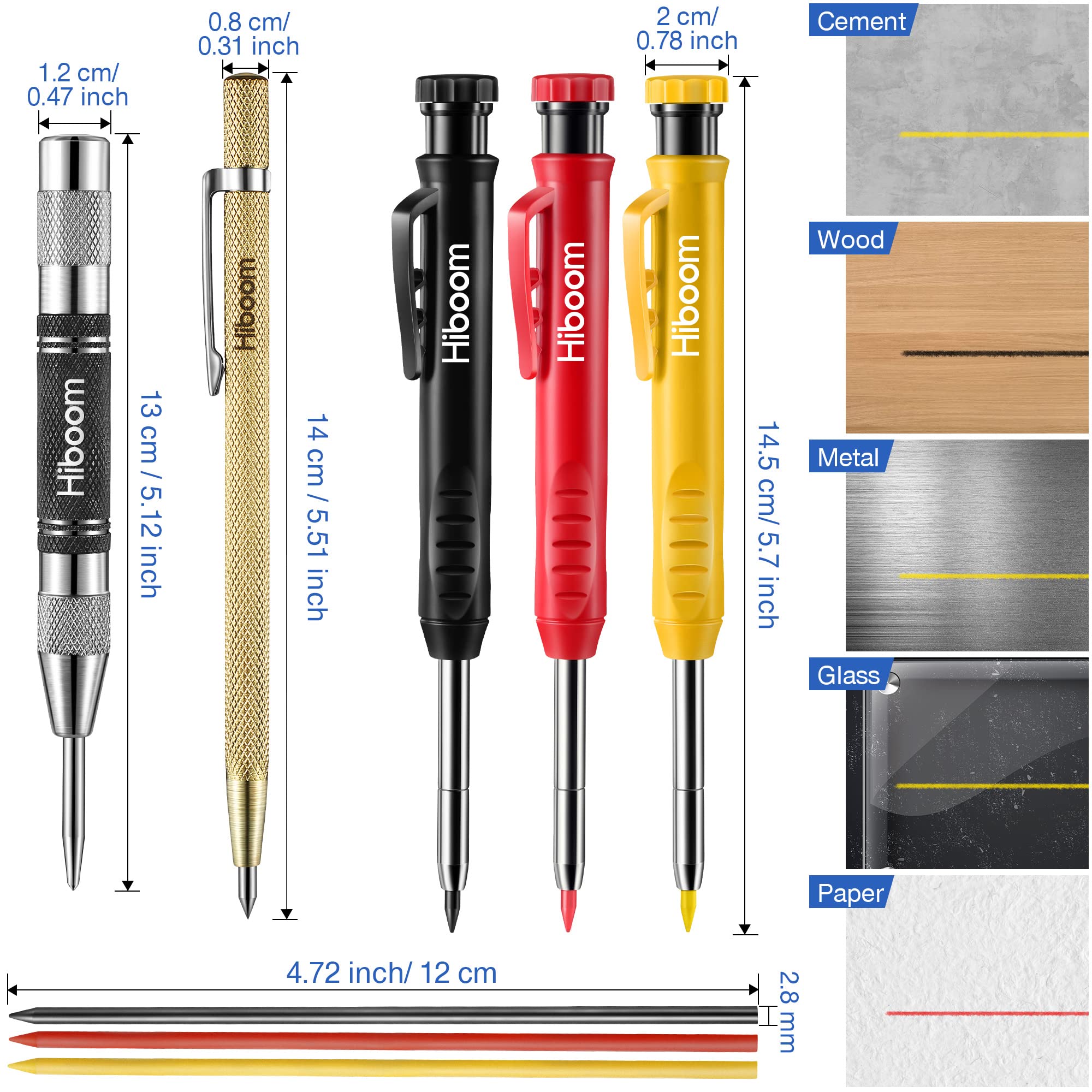 Hiboom 8 Pack Carpenter Pencil Set, 3 Colorful Solid Carpenter Pencils with Sharpener and Refills, Automatic Center Punch, Carbide Scribe Tool Kit for Construction Woodworking