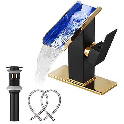 Black Bathroom Faucet Golden Waterfall Open Spout LED Color Changing One Hole Bath Vanity Sink Tap Single Handle with Bathroom Sink Drain Pop Up Stopper Overflow Water Supply Hose Include Modern