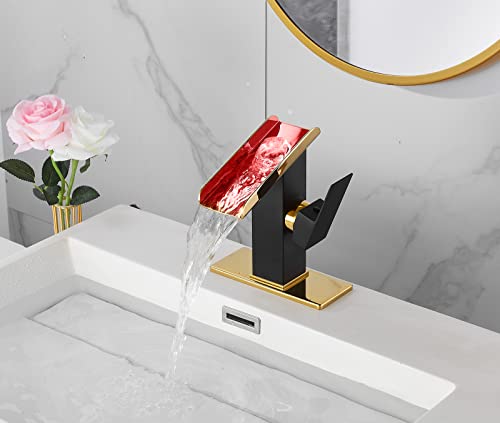 Black Bathroom Faucet Golden Waterfall Open Spout LED Color Changing One Hole Bath Vanity Sink Tap Single Handle with Bathroom Sink Drain Pop Up Stopper Overflow Water Supply Hose Include Modern