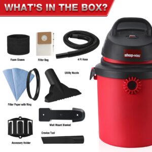 Shop-Vac 4 Gallon 4.0 Peak HP Wet/Dry Vacuum, Portable Compact Shop Vacuum with Tool Holder, Wall Bracket & Attachments, Ideal for Home, Jobsite, Garage, Car & Workshop. 5890470