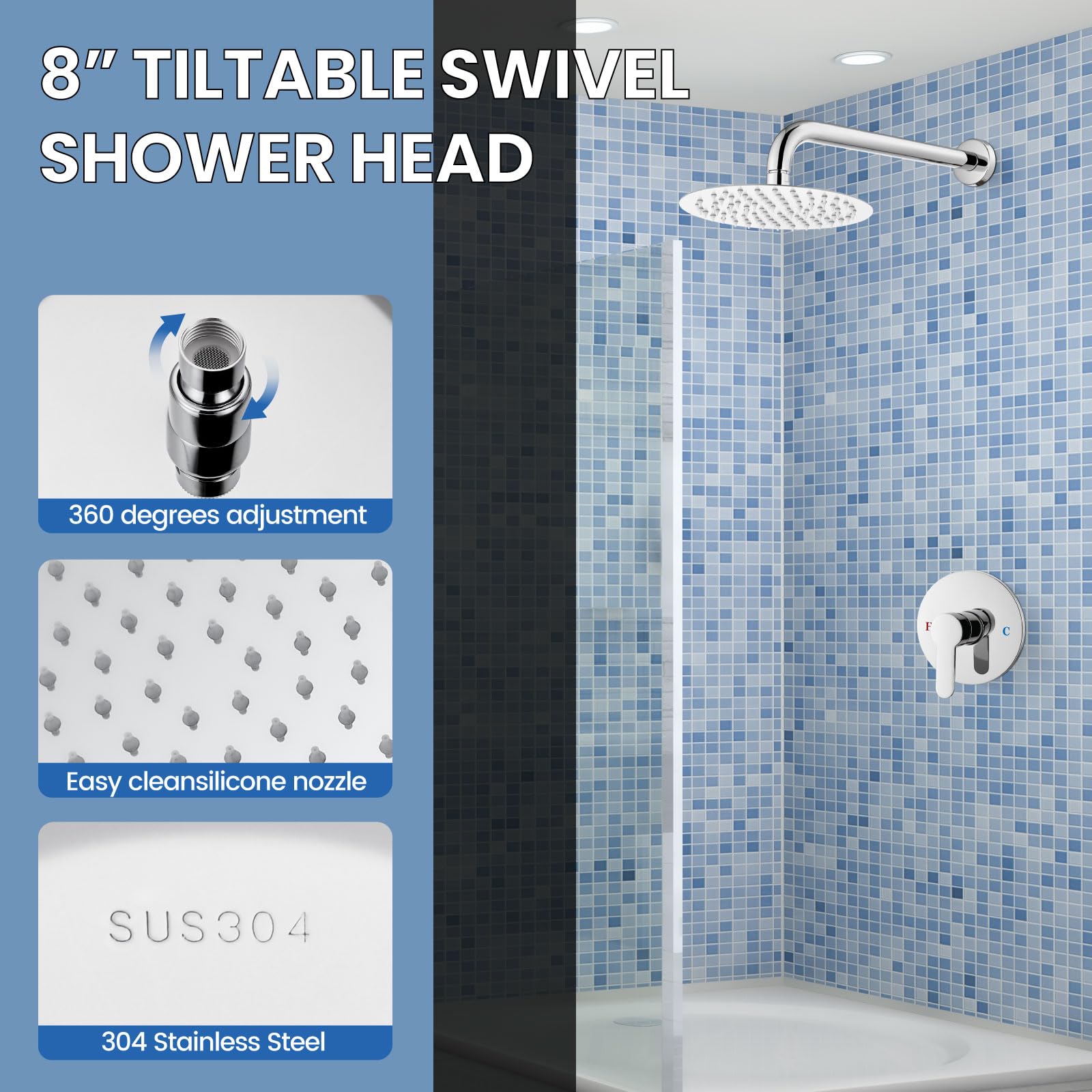 Airuida Shower Faucet Set Chrome Polish, Single Function Shower Valve Kit, Rain Shower Faucet Kit, 8 Inch Round Rainfall Shower Head with Male Threads Rough-in Valve