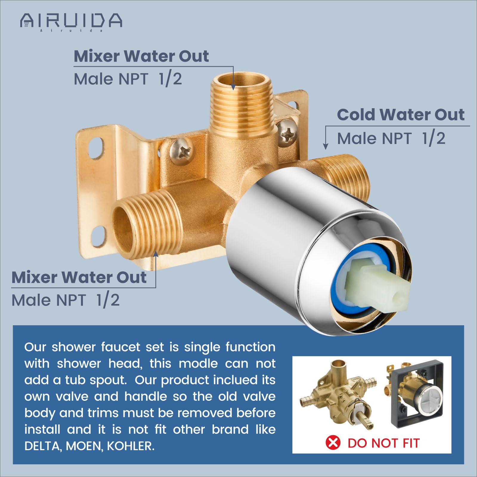 Airuida Shower Faucet Set Chrome Polish, Single Function Shower Valve Kit, Rain Shower Faucet Kit, 8 Inch Round Rainfall Shower Head with Male Threads Rough-in Valve