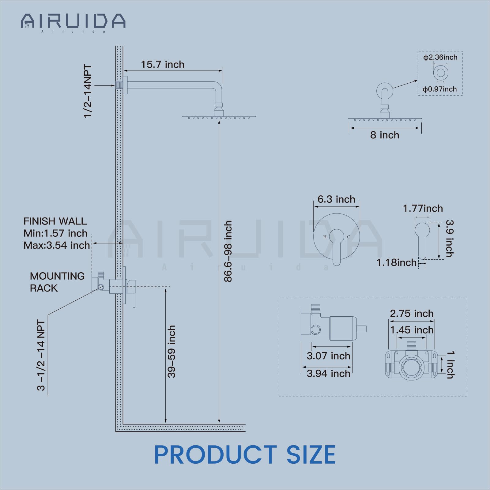 Airuida Shower Faucet Set Chrome Polish, Single Function Shower Valve Kit, Rain Shower Faucet Kit, 8 Inch Round Rainfall Shower Head with Male Threads Rough-in Valve