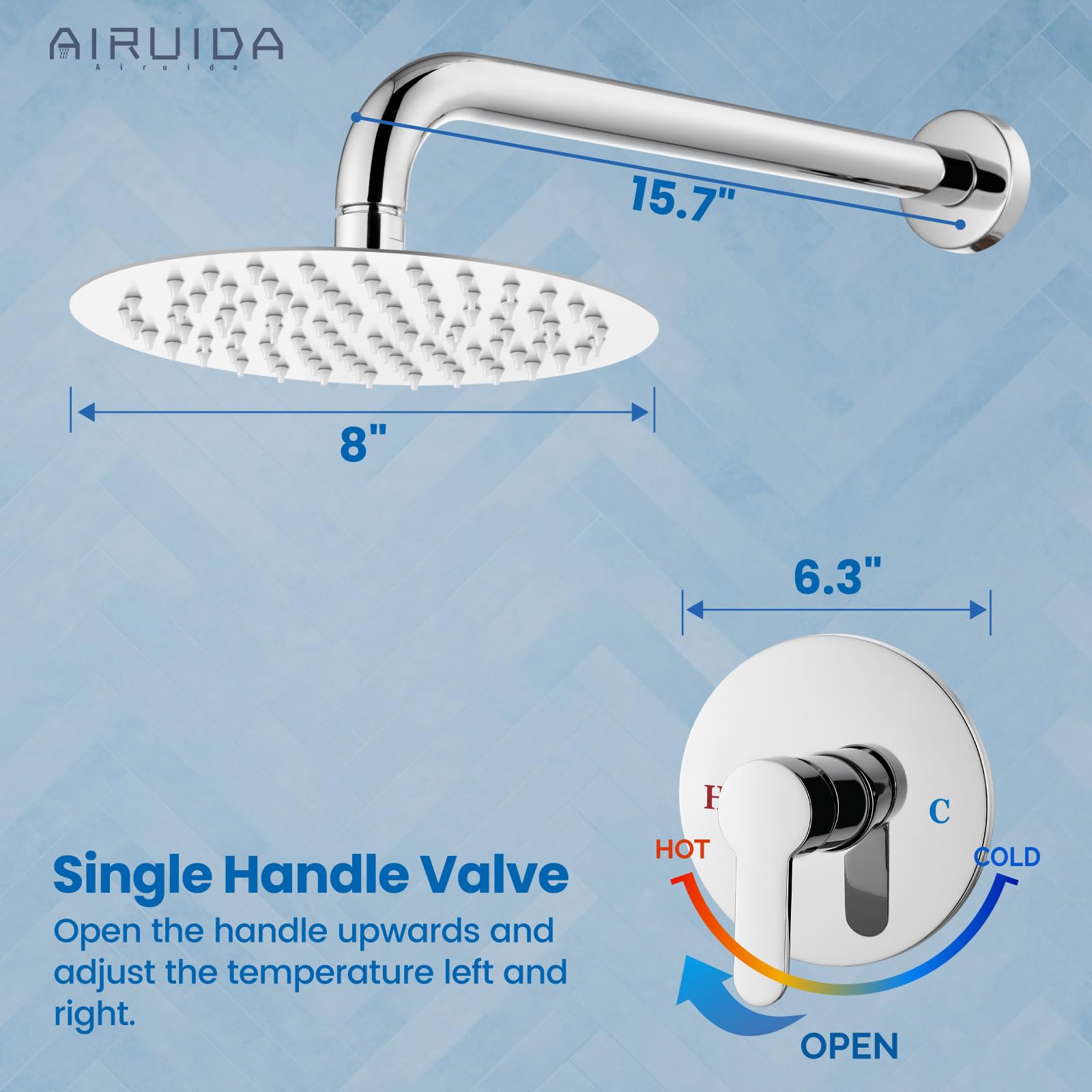 Airuida Shower Faucet Set Chrome Polish, Single Function Shower Valve Kit, Rain Shower Faucet Kit, 8 Inch Round Rainfall Shower Head with Male Threads Rough-in Valve