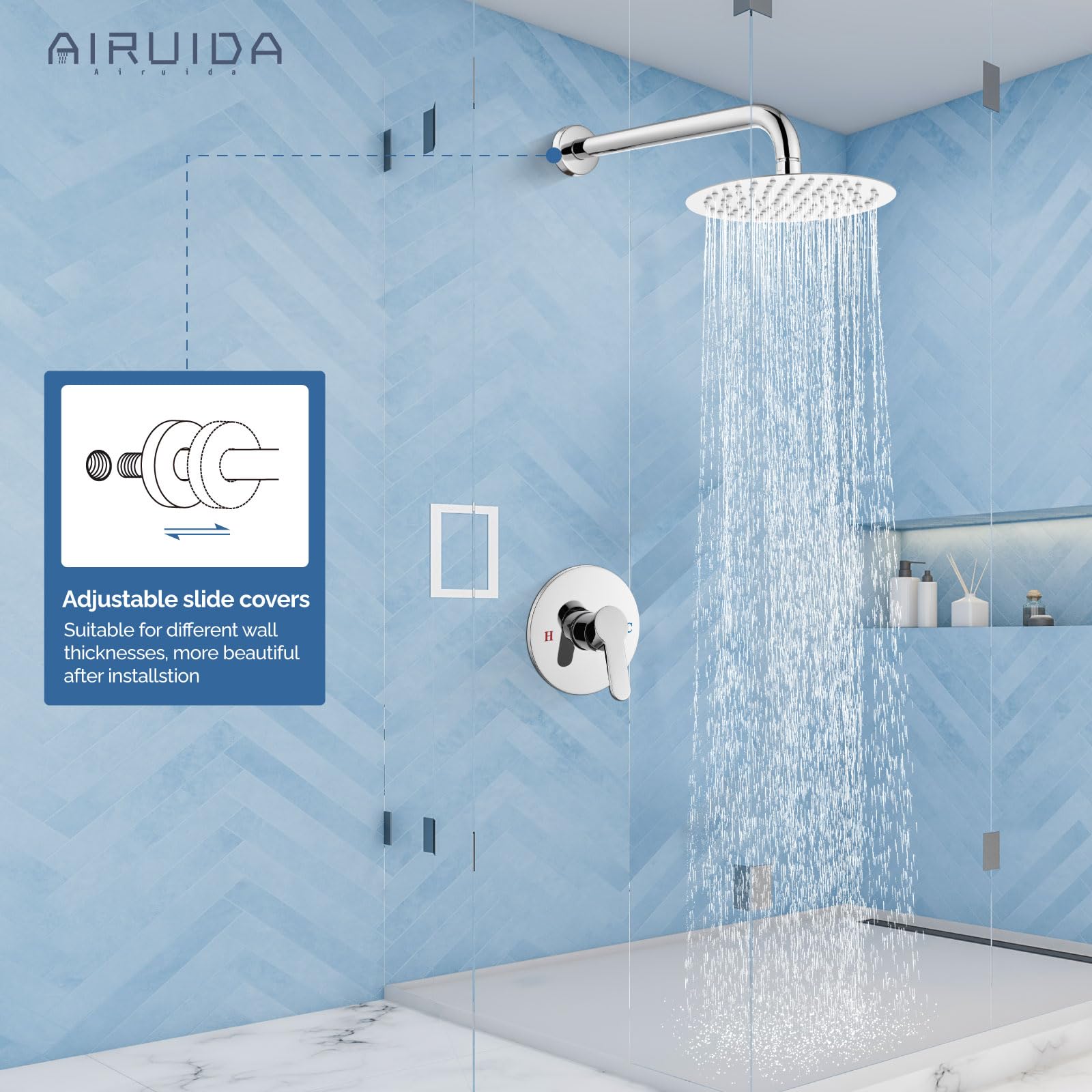 Airuida Shower Faucet Set Chrome Polish, Single Function Shower Valve Kit, Rain Shower Faucet Kit, 8 Inch Round Rainfall Shower Head with Male Threads Rough-in Valve