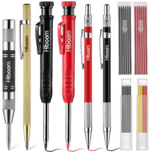 hiboom 10 pack carpenter pencil set, 4 colorful solid carpenter pencils with sharpener and refills, automatic center punch, carbide scribe tool kit for construction woodworking