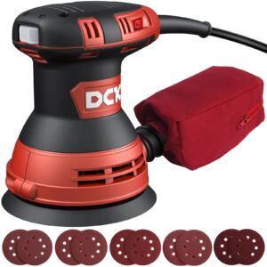 dck random orbital sander, 3.0 amp corded palm sander, 6 speeds max 12,000 opm, 5-inch with 10 pcs sandpapers, dust bag, low vibration, drywall sander for woodworking, decoration furniture (ksa125)