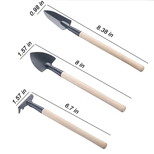 Mini Garden Tool Set of 3 Garden Hand Shovels Gardening Kit with Wood Handle Include Hand Trowel Transplant Trowel and Cultivator Hand Rake for Succulent Pot Planting Transplanting Digging