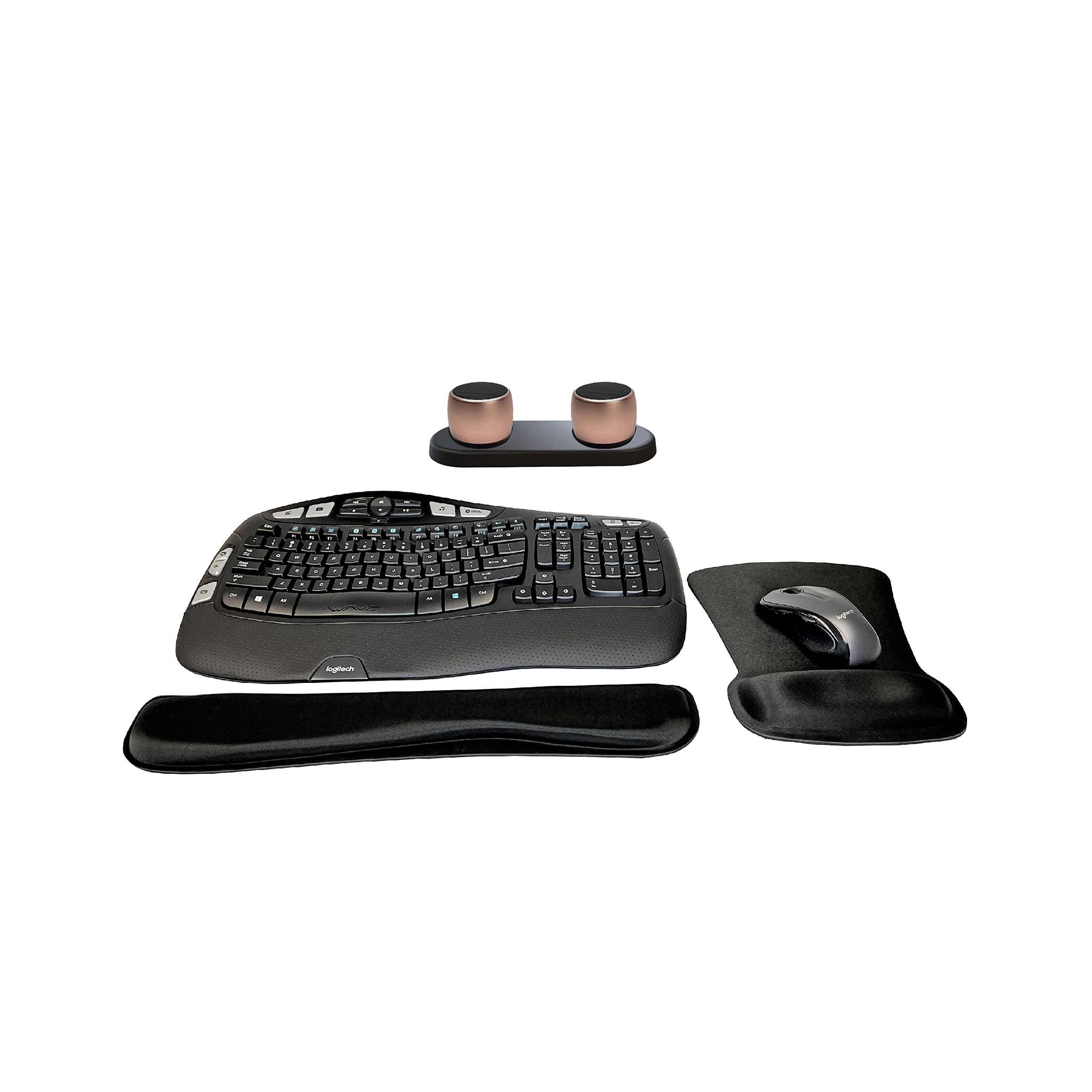 Logitech MK550 Comfort Wave Wireless Keyboard & Mouse Combo Travel Home Office Modern Bundle with Set of 2 Pro Portable Wireless Bluetooth Speakers, Charging Tray, Gel Wrist Pad & Gel Mouse Pad