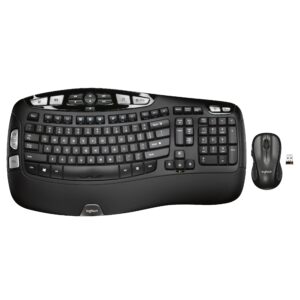 Logitech MK550 Comfort Wave Wireless Keyboard & Mouse Combo Travel Home Office Modern Bundle with Set of 2 Pro Portable Wireless Bluetooth Speakers, Charging Tray, Gel Wrist Pad & Gel Mouse Pad