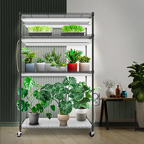 Barrina Plant Stand with Grow Lights for Indoor Plants, 4-Tier Plant shelf with 6-Pack 180W T8 3FT Full Spectrum Grow Lights for Seed Starting, Succulent, Settable Timer Socket (35.4"x13.8"x59")