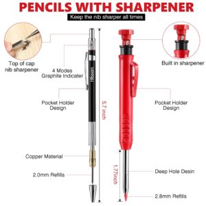 Hiboom 9 Packs Carpenter Pencil Set, 4 Solid Carpenter Pencils with Sharpener and 36 Refills, 2 in 1 Digital Angle Finder Protractors Marking Tools for Construction Woodworking(Set 3)