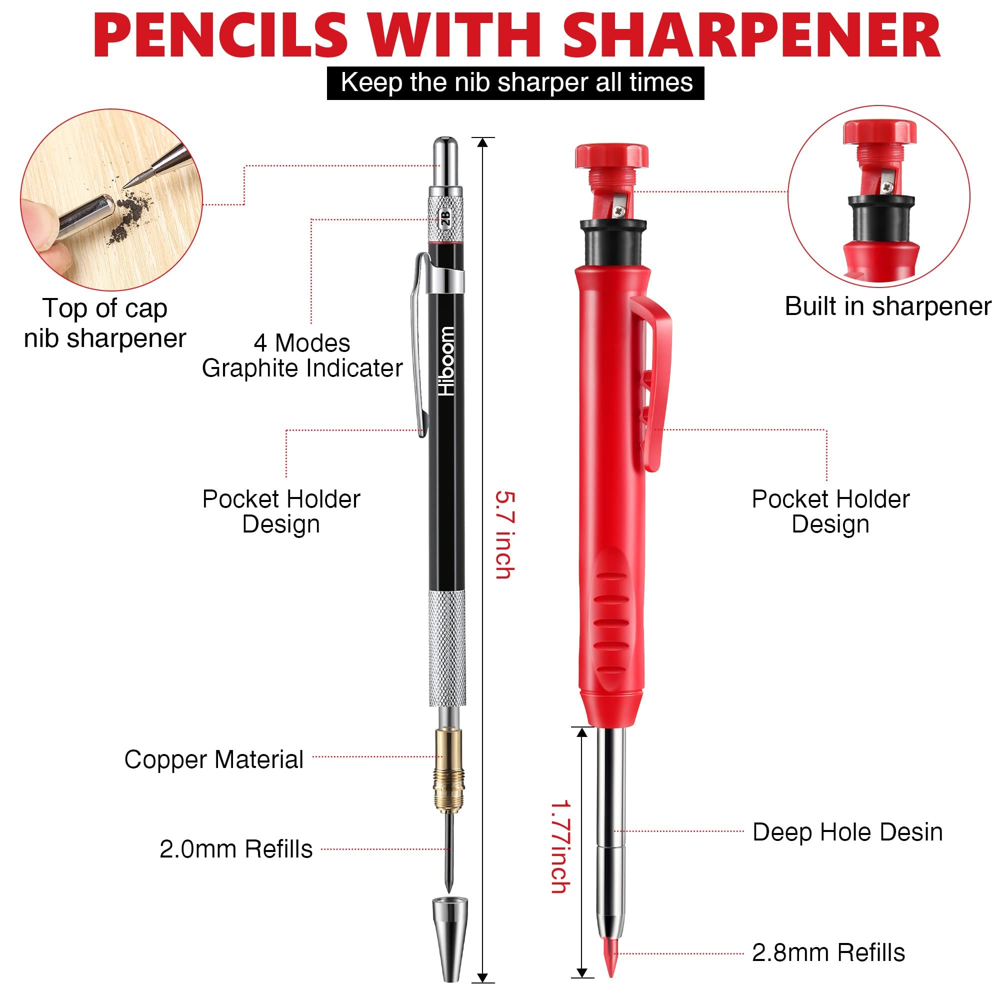 Hiboom 9 Packs Carpenter Pencil Set, 4 Solid Carpenter Pencils with Sharpener and 36 Refills, 2 in 1 Digital Angle Finder Protractors Marking Tools for Construction Woodworking(Set 3)