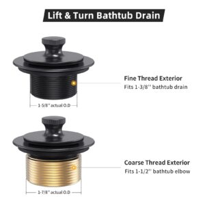 Matte Black Tub Drain and Overflow Kit, Replacement Bath Tub Drain Trim Set,Lift & Turn Bathtub Drain Kit with 2-Hole Overflow Faceplate Conversion Kit Assembly Fine/Coarse Thread