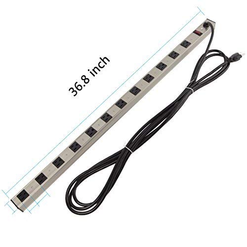 12 Outlet Heavy Duty Metal Socket Power Strip,15-Foot Long Extension Cord with Circuit Breaker. Mounting Brackets Included,Workshop/Industrial use,800J Surge Protector ETL Certified