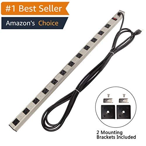 12 Outlet Heavy Duty Metal Socket Power Strip,15-Foot Long Extension Cord with Circuit Breaker. Mounting Brackets Included,Workshop/Industrial use,800J Surge Protector ETL Certified