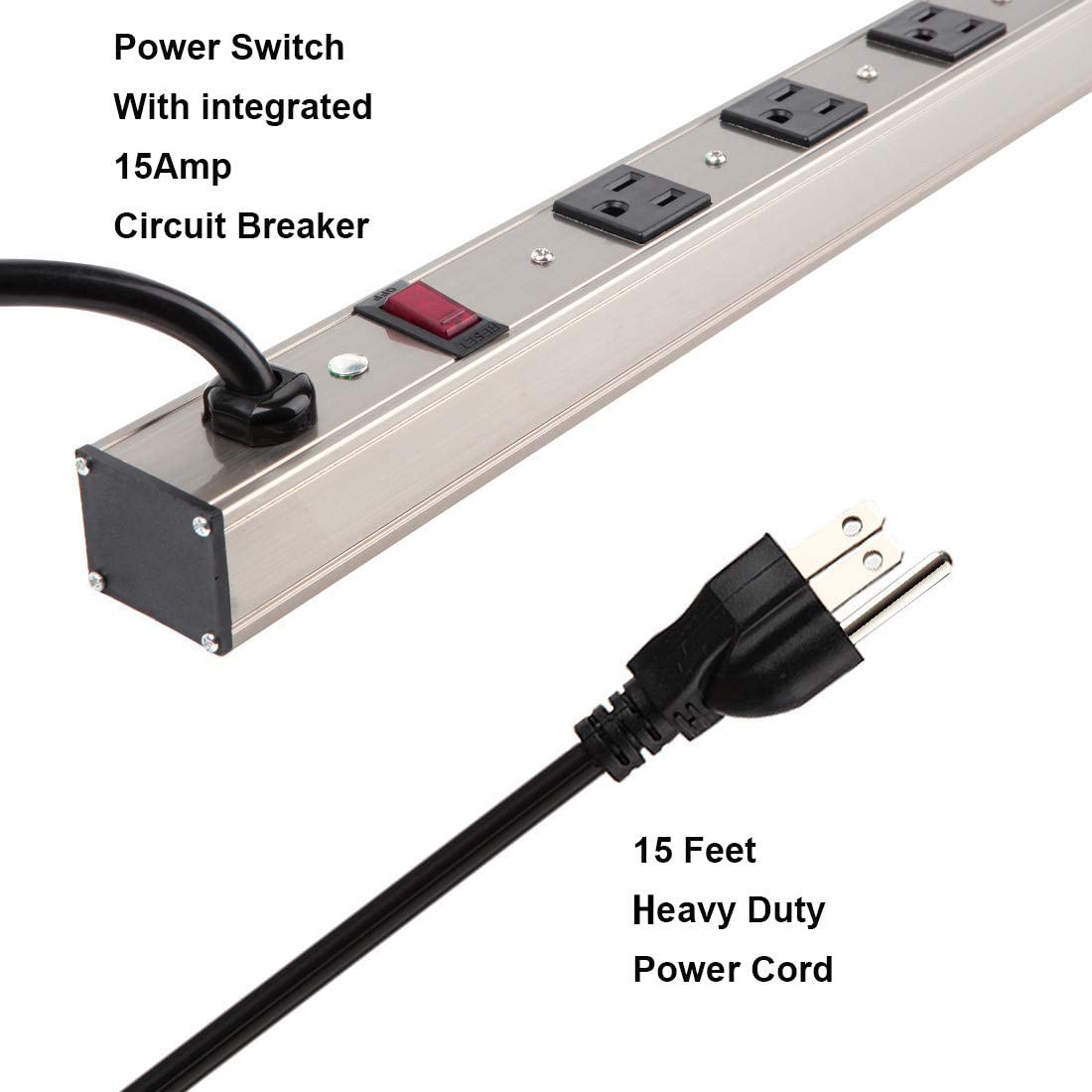 12 Outlet Heavy Duty Metal Socket Power Strip,15-Foot Long Extension Cord with Circuit Breaker. Mounting Brackets Included,Workshop/Industrial use,800J Surge Protector ETL Certified